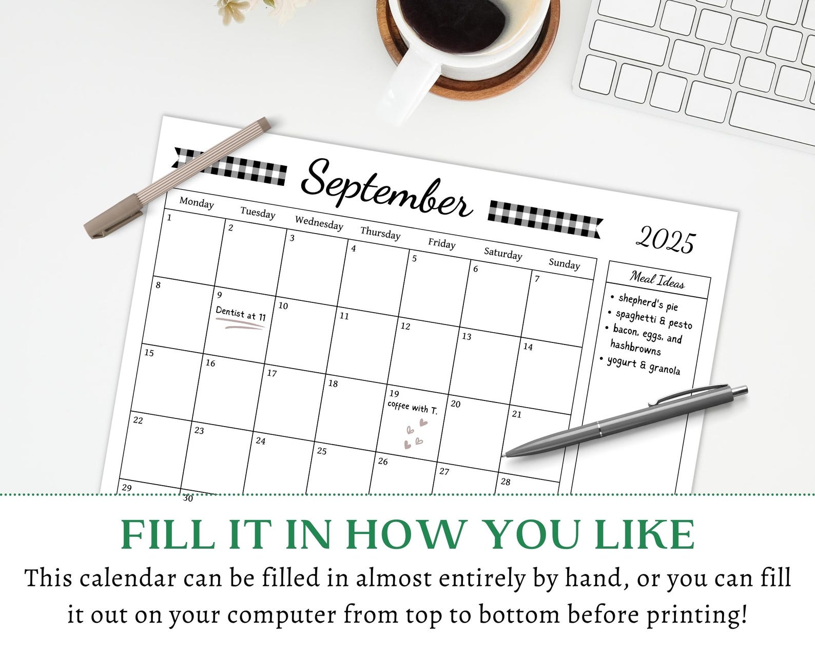 Printable 2025 Editable Calendar With Black Gingham | Monthly Editable ...