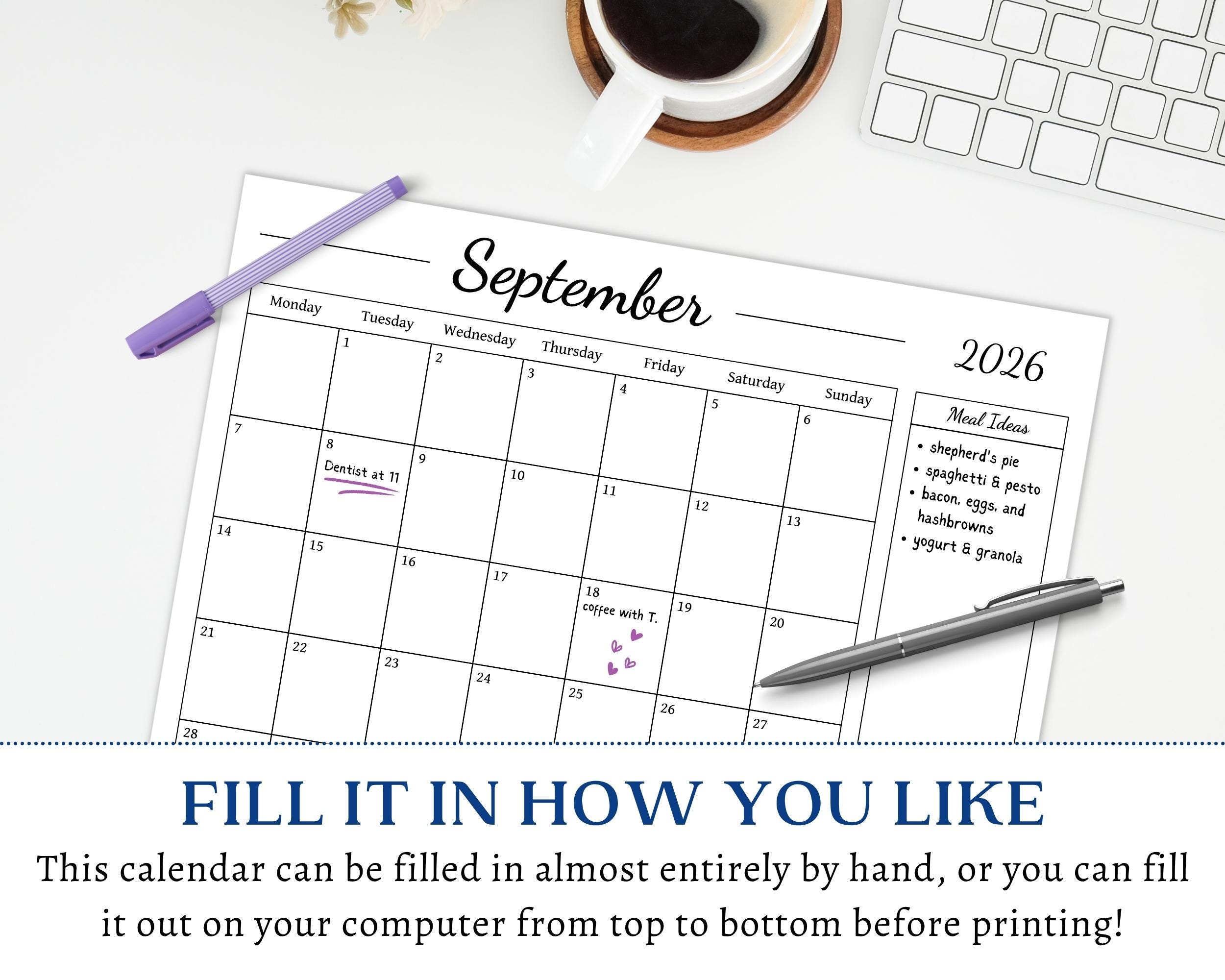 Printable Editable 2026 Calendar | Simple Monochrome Office Calendar ...