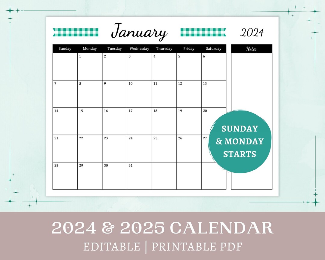 Teal Gingham Calendar 2024 2025 Printable Editable Calendar Monthly ...