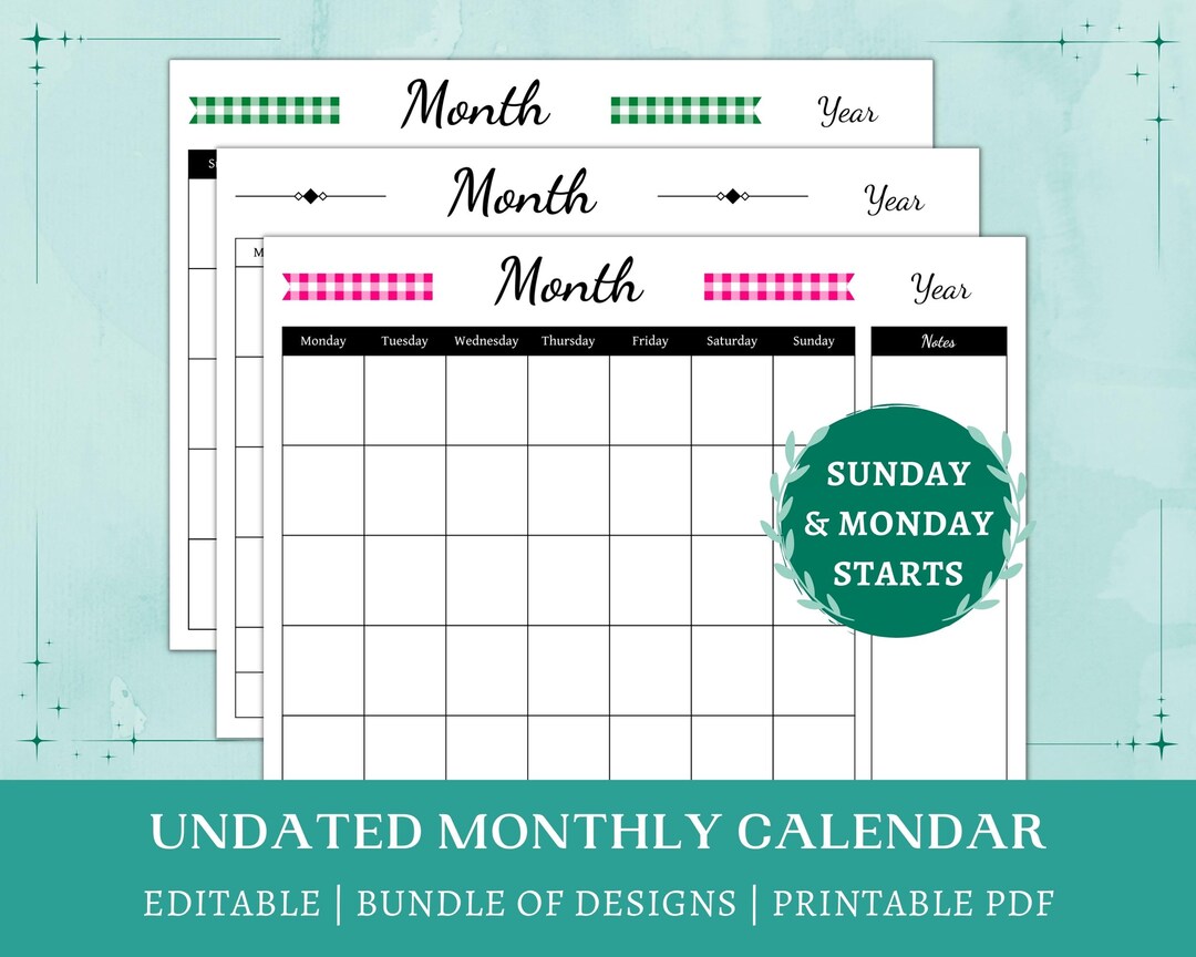 Editable Undated Printable Calendar Bundle | Landscape Office Calendar ...