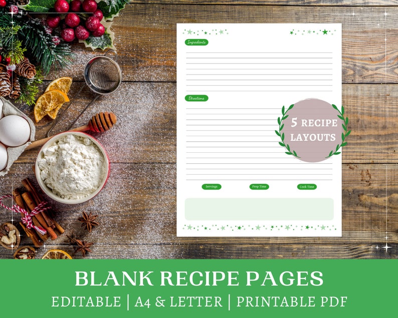Editable Recipe Page Printables Letter, A4 Christmas Baking Recipe ...