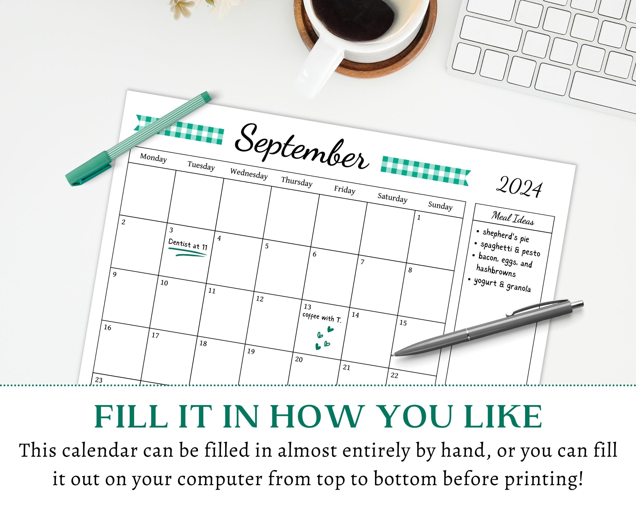 Teal Gingham Calendar 2024 2025 Printable Editable Calendar Monthly ...