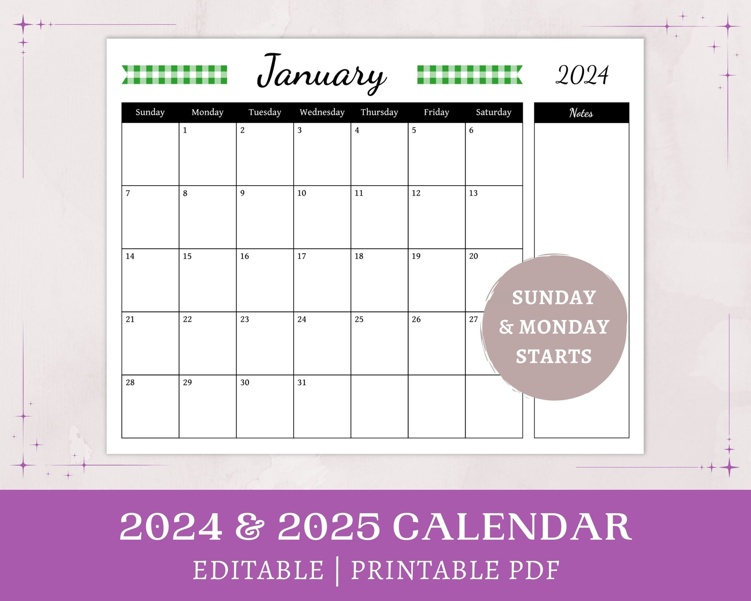 Green Gingham Calendar 2024 2025 Printable Editable Calendar Monthly ...