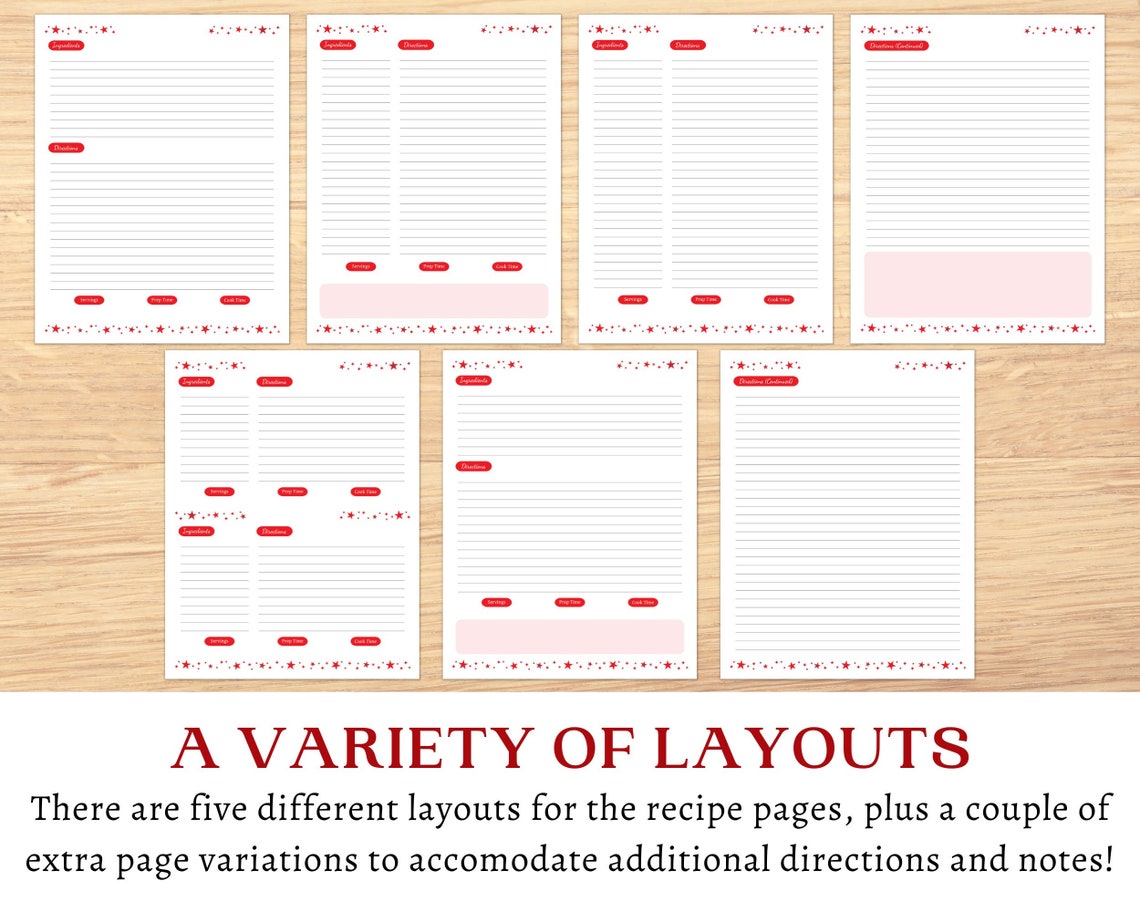 Editable Recipe Pages Letter, A4 Holiday Cooking Star Design Recipe ...