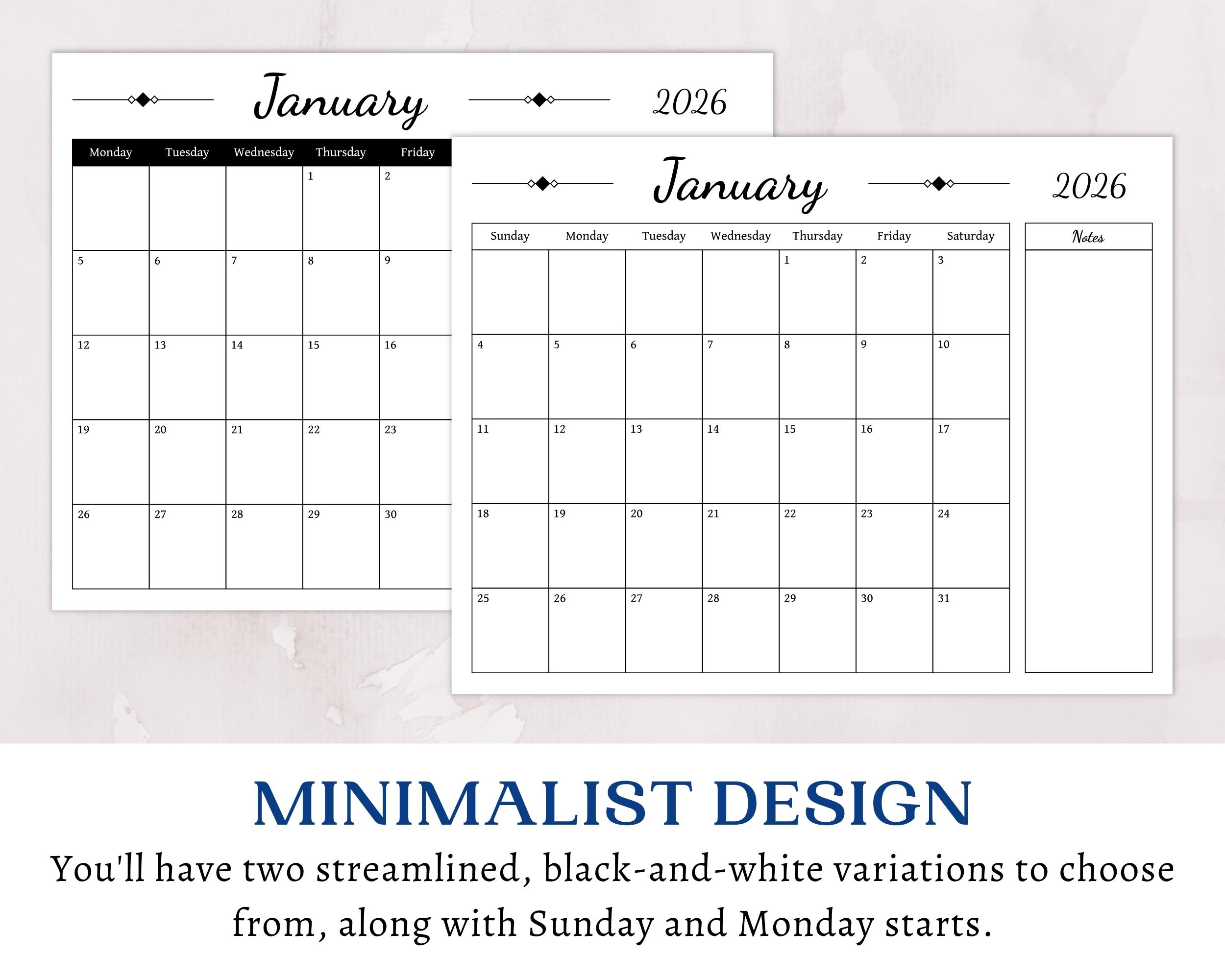 Editable 2026 Printable Calendar | Monochrome Office Calendar ...