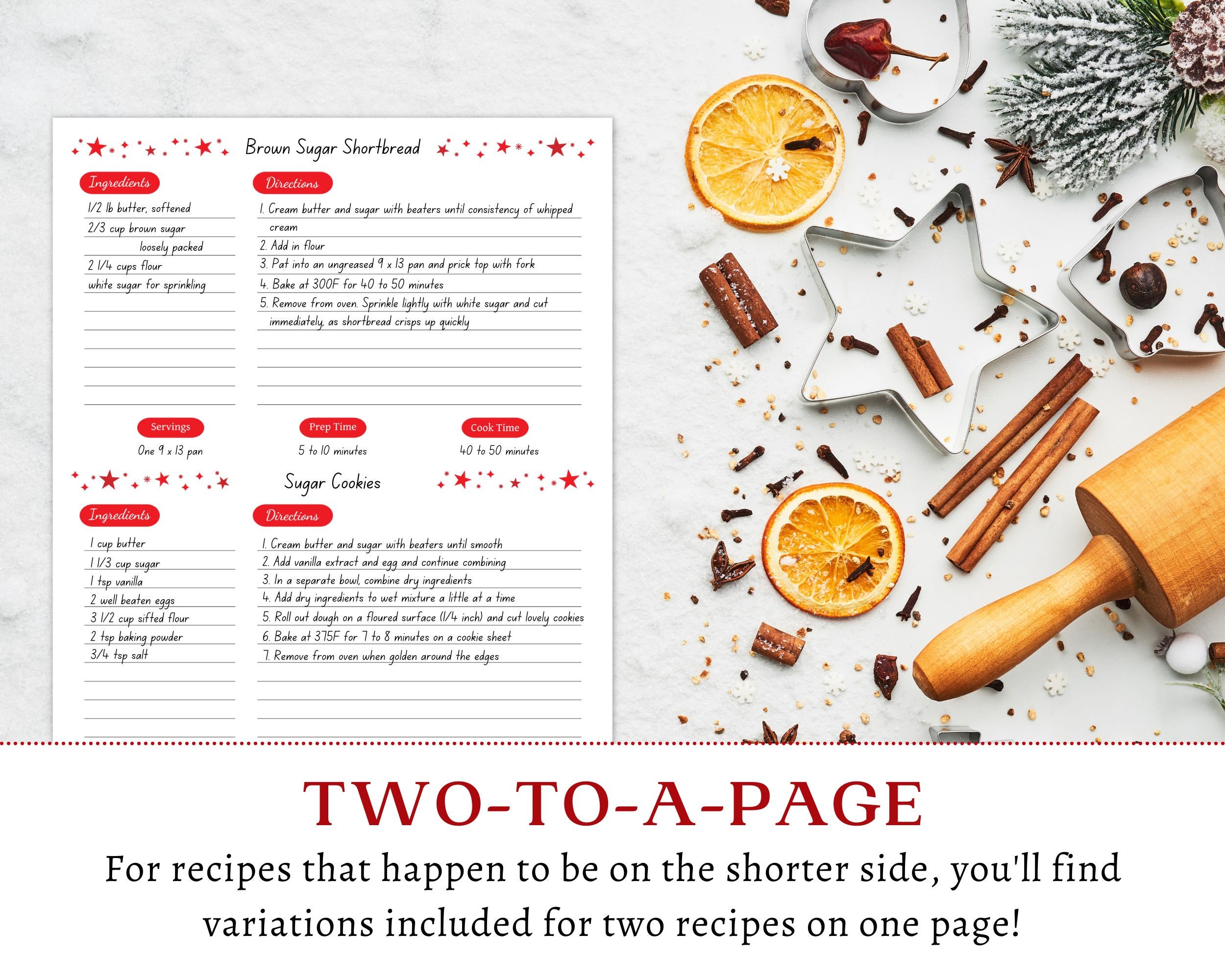Editable Recipe Pages Letter, A4 Holiday Cooking Star Design Recipe ...
