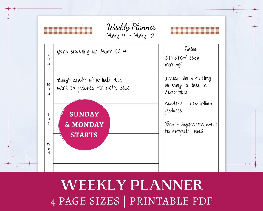 Printable Weekly Planner Template, Gingham Undated Planner Pages With ...