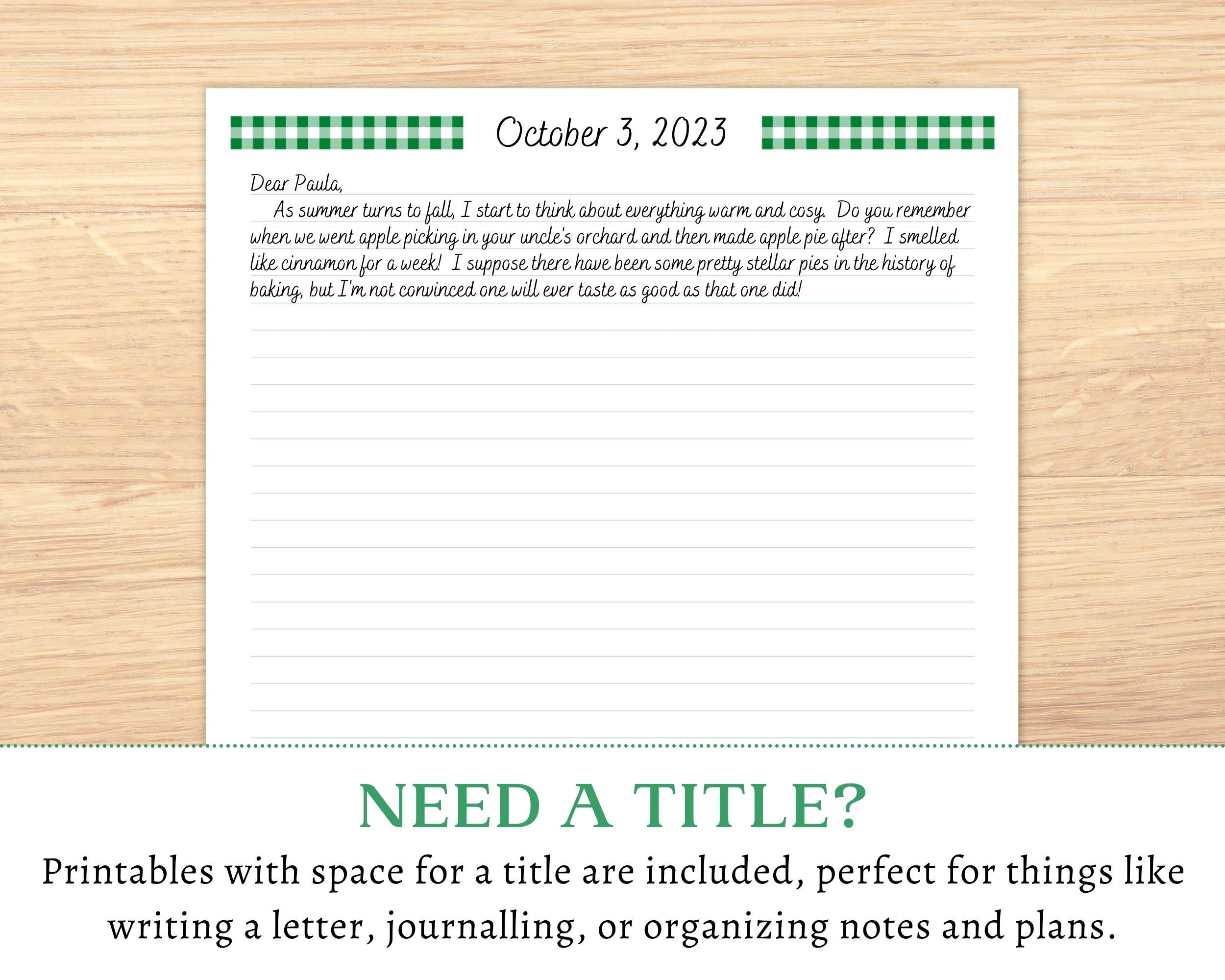 Printable Spruce Green Note Pages | Gingham Stationery | Blank Lined ...
