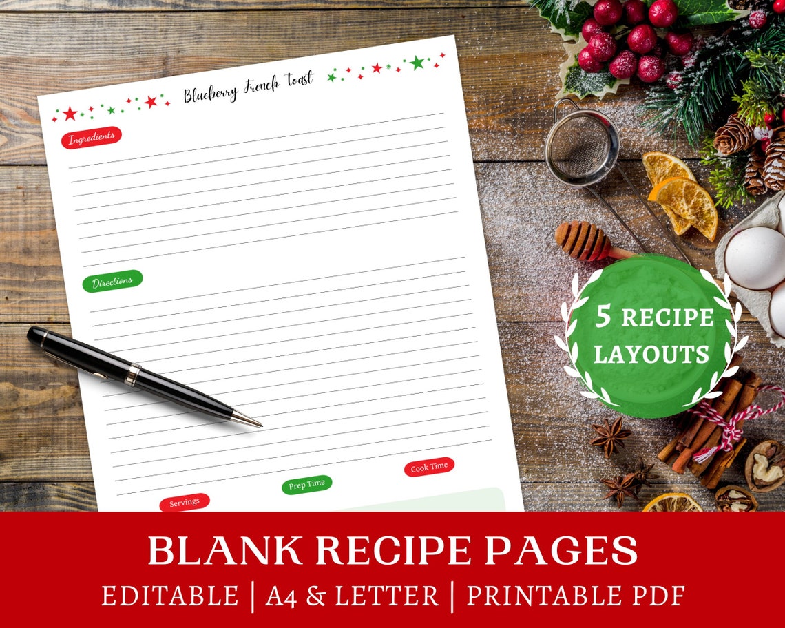 Editable Recipe Sheet Printable Letter A4 Christmas - Etsy