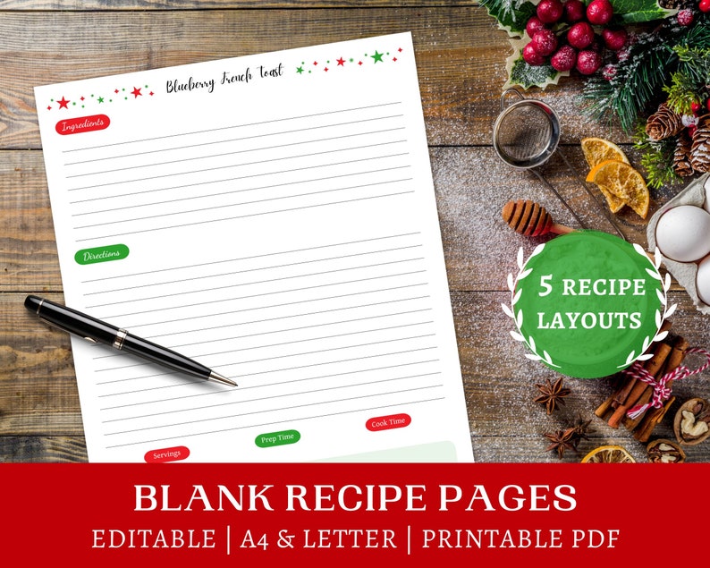 Editable Recipe Sheet Printable Letter A4 Christmas - Etsy