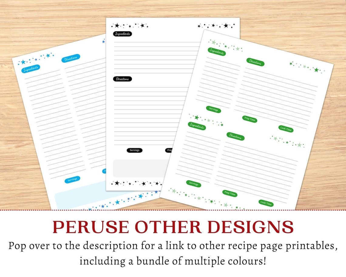 Editable Recipe Pages Letter, A4 Holiday Cooking Star Design Recipe ...