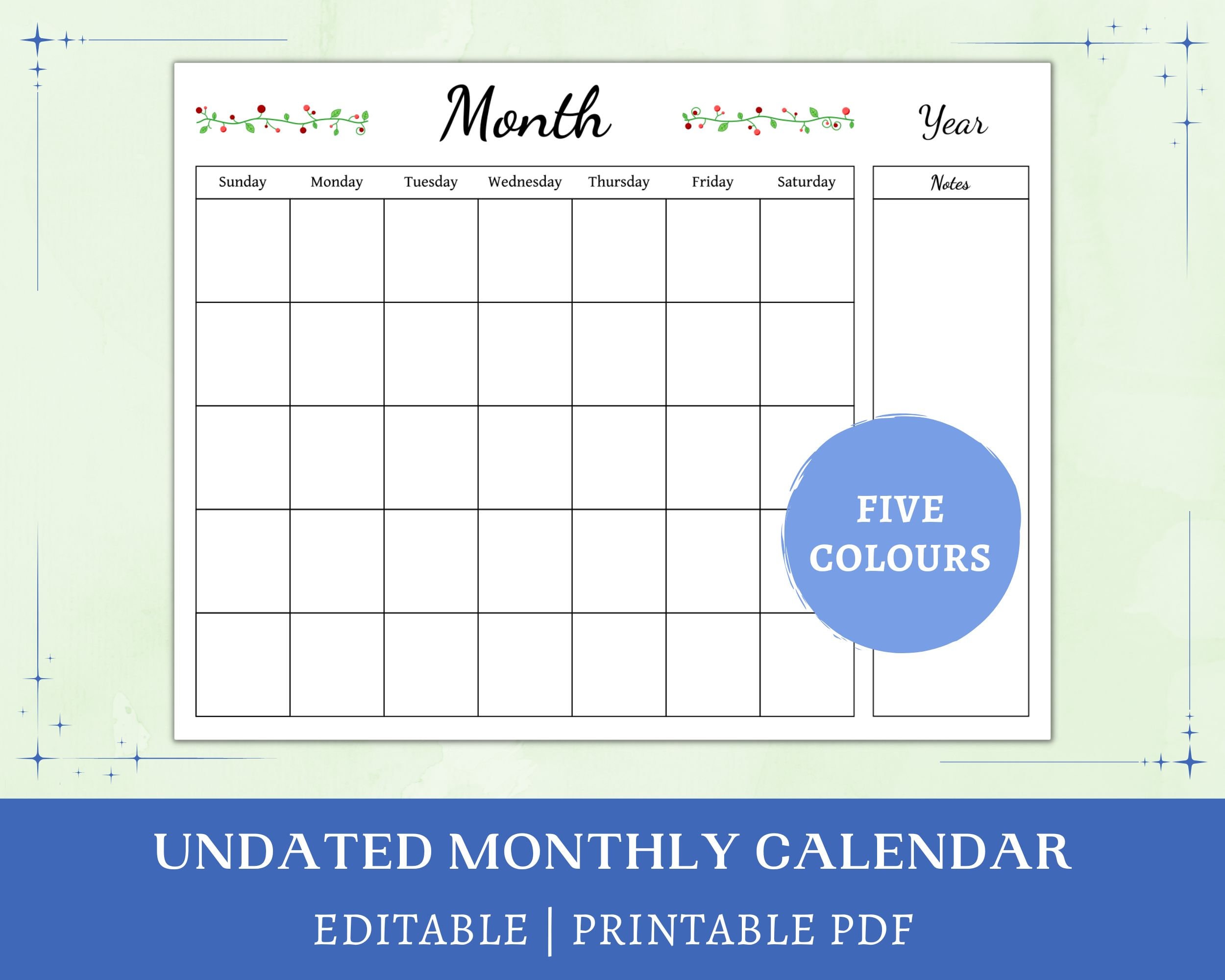 Printable Undated Calendar Fillable Monthly Calendar With Notes ...