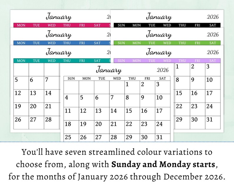2026 Printable Calendar With Large Numbers | Sunday and Monday Starts ...