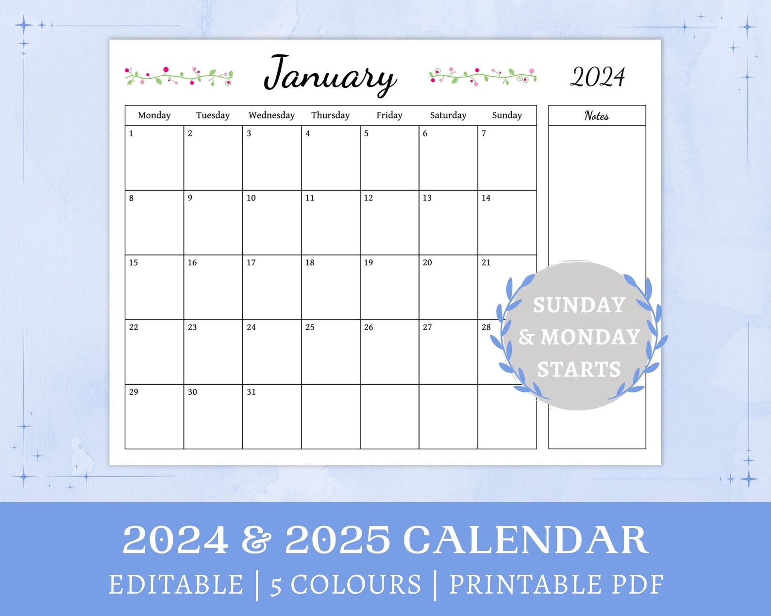 Editable 2024 2025 Calendar Printable Calendar 2024 Monthly Planner ...