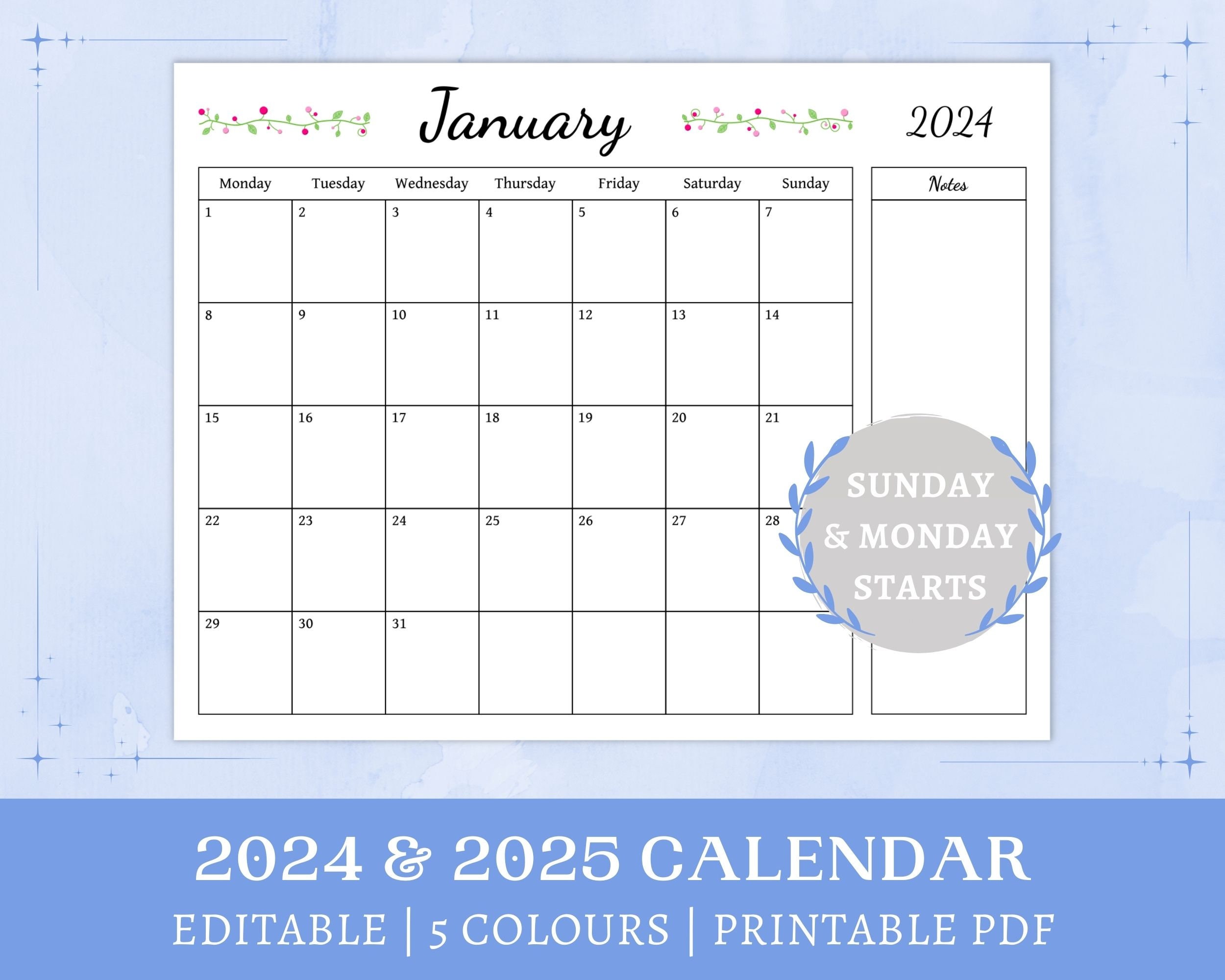 Editable 2024 2025 Calendar Printable Calendar 2024 Monthly Planner ...