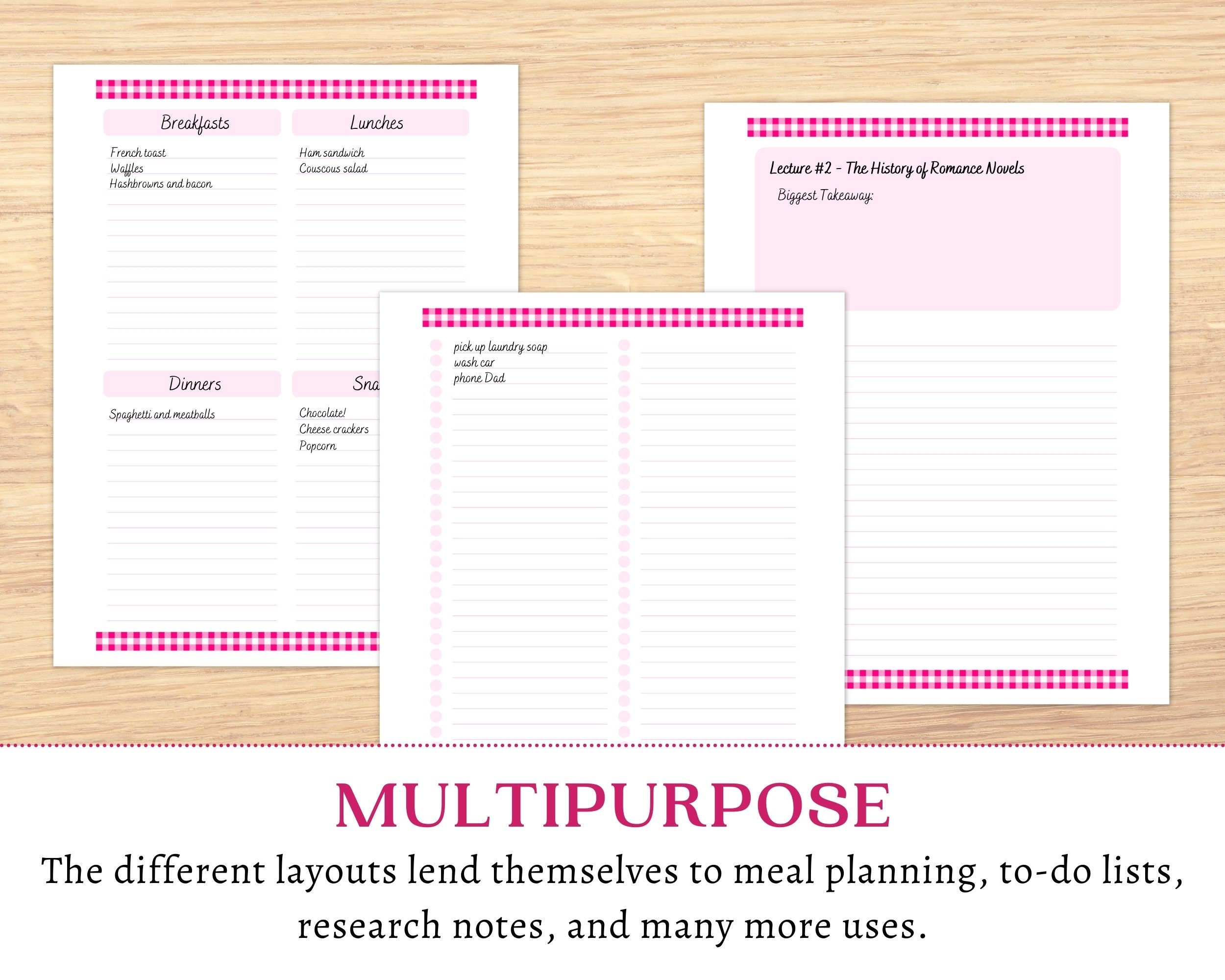 Printable Pink Gingham Note Paper Blank Pages Checklist Templates ...