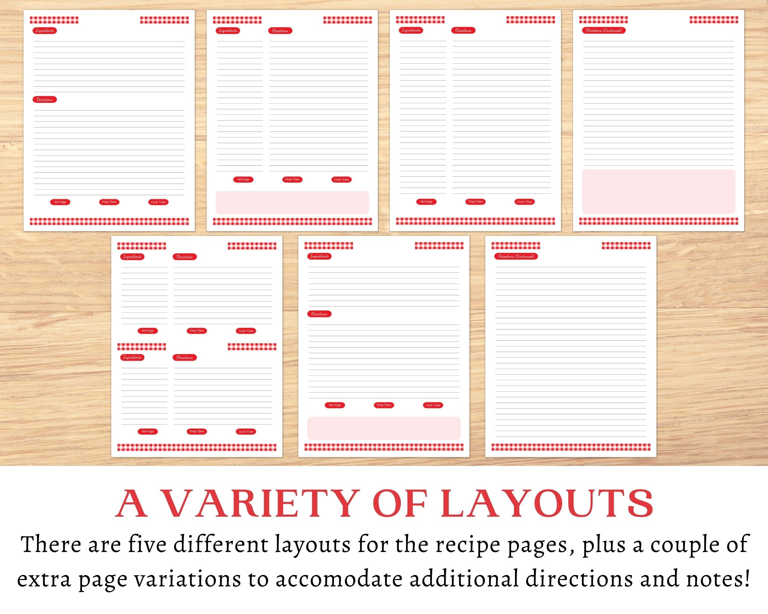 Editable Red Gingham Recipe Pages Letter, A4 Red Check Kitchen Recipe ...