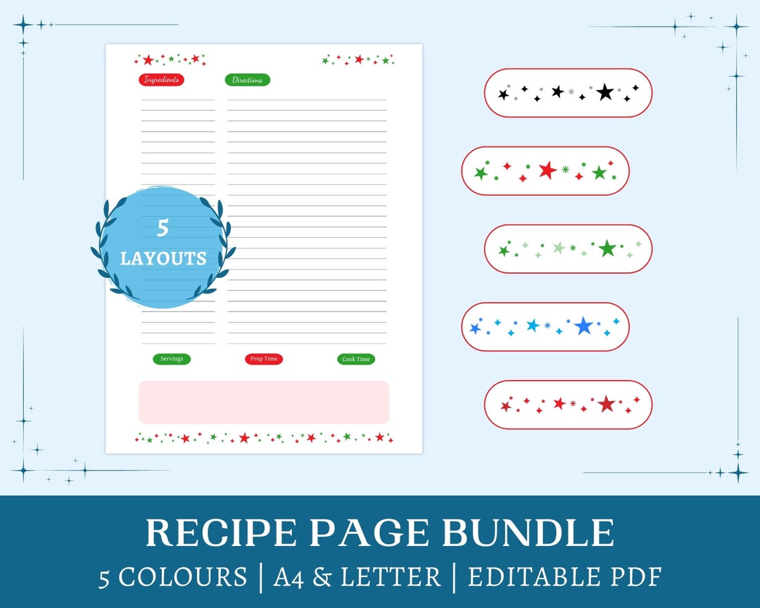 Editable Recipe Sheet Printables Letter, A4 holiday baking cooking ...