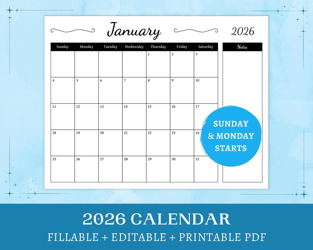 Editable 2026 Printable Calendar | Fillable Calendar | Monthly Planner ...