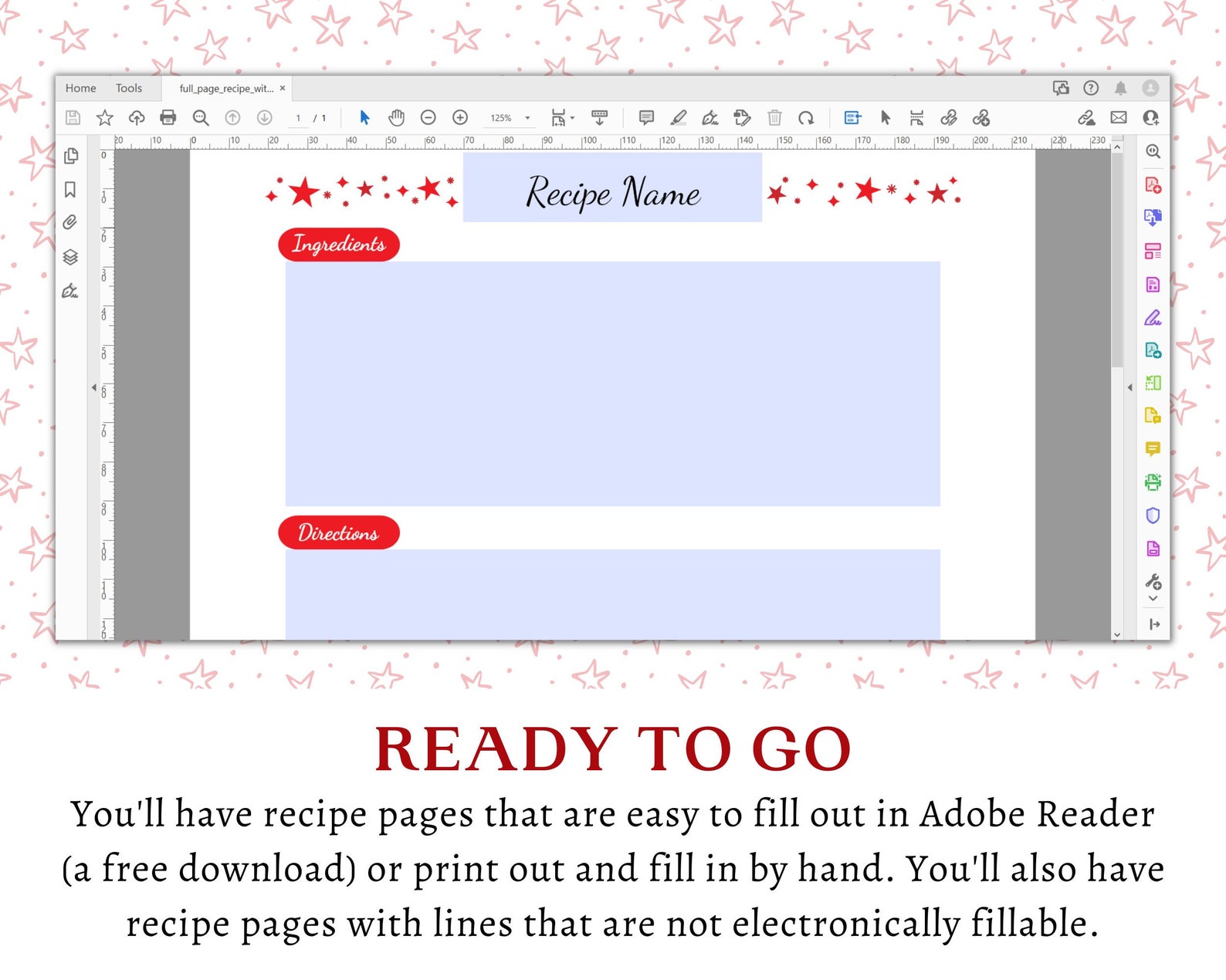 Editable Recipe Pages Letter, A4 Holiday Cooking Star Design Recipe ...