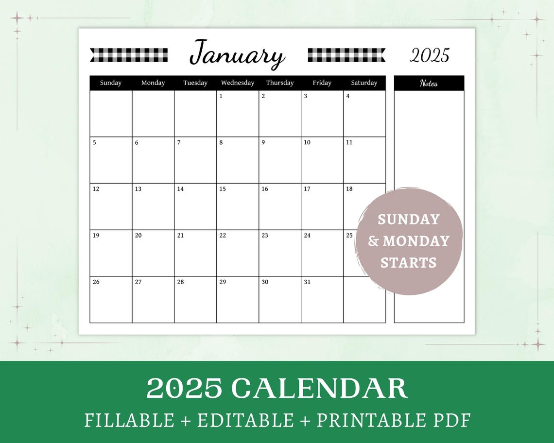 Printable 2025 Editable Calendar With Black Gingham | Monthly Editable ...