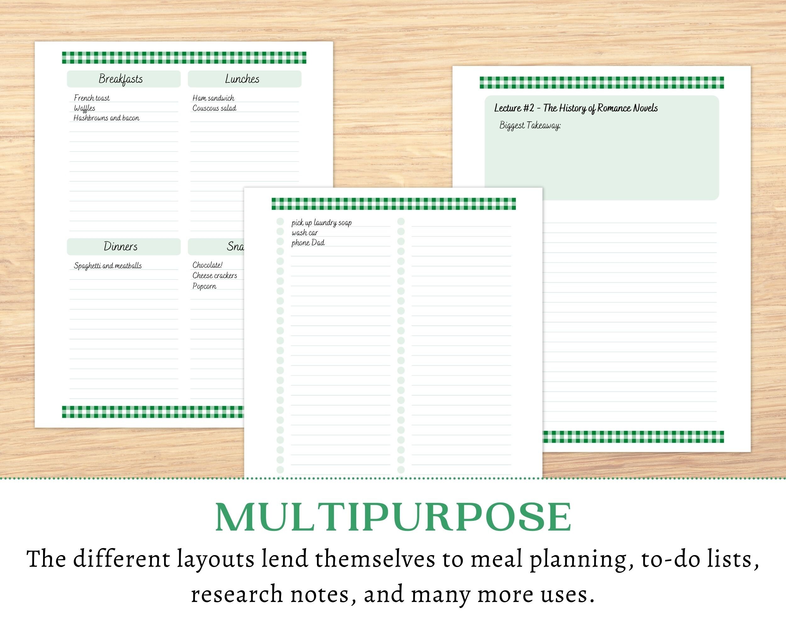 Printable Spruce Green Note Pages | Gingham Stationery | Blank Lined ...