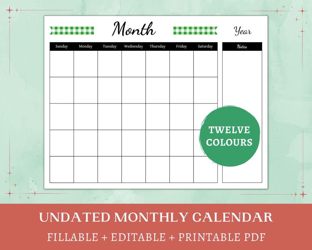 Gingham Printable Undated Calendar | Letter | Fillable Monthly Calendar ...