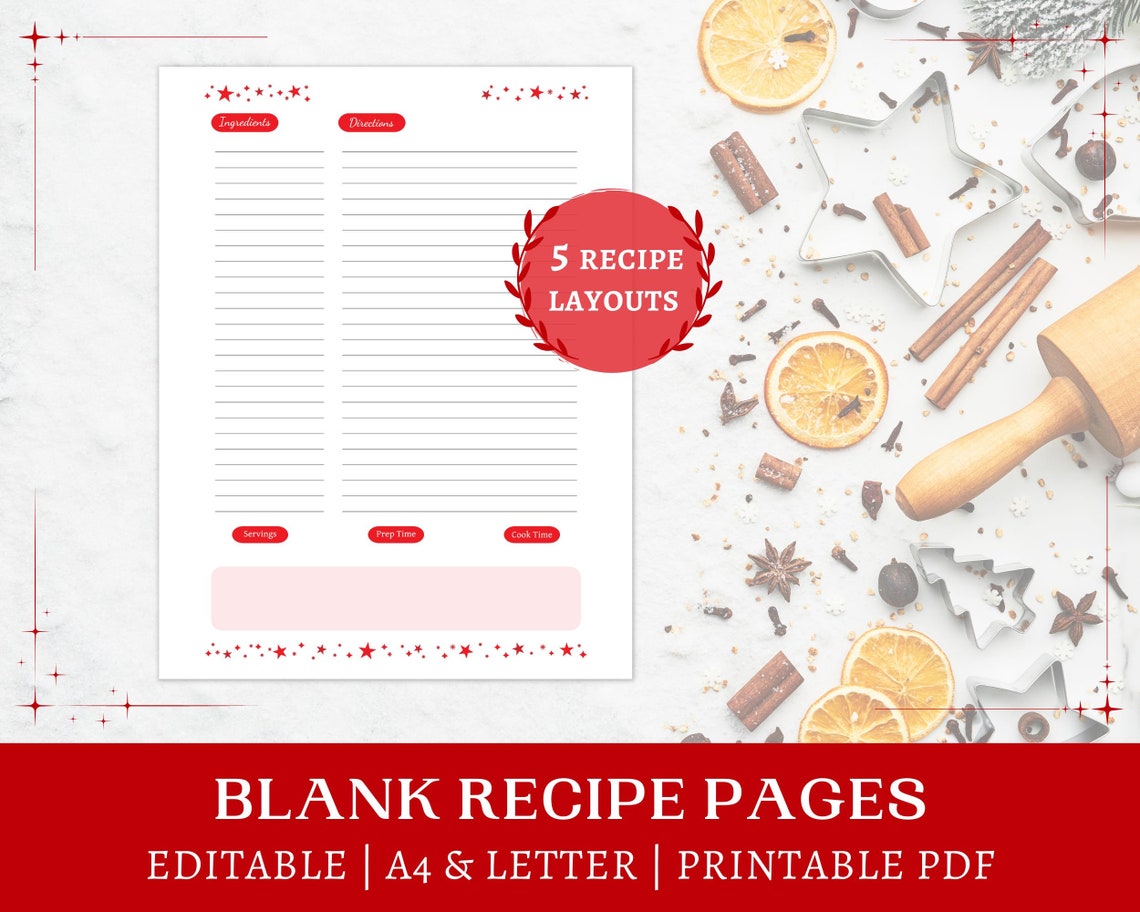 Editable Recipe Pages Letter, A4 Holiday Cooking Star Design Recipe ...