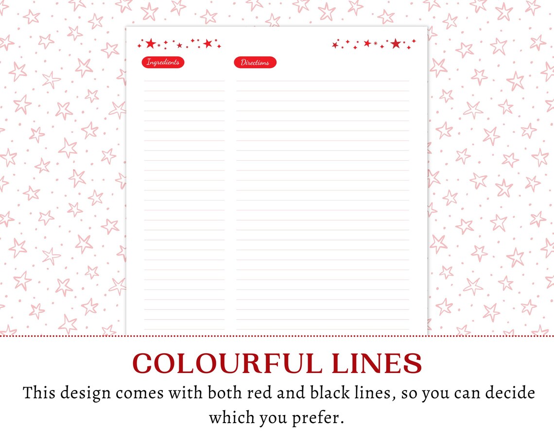 Editable Recipe Pages Letter, A4 Holiday Cooking Star Design Recipe ...
