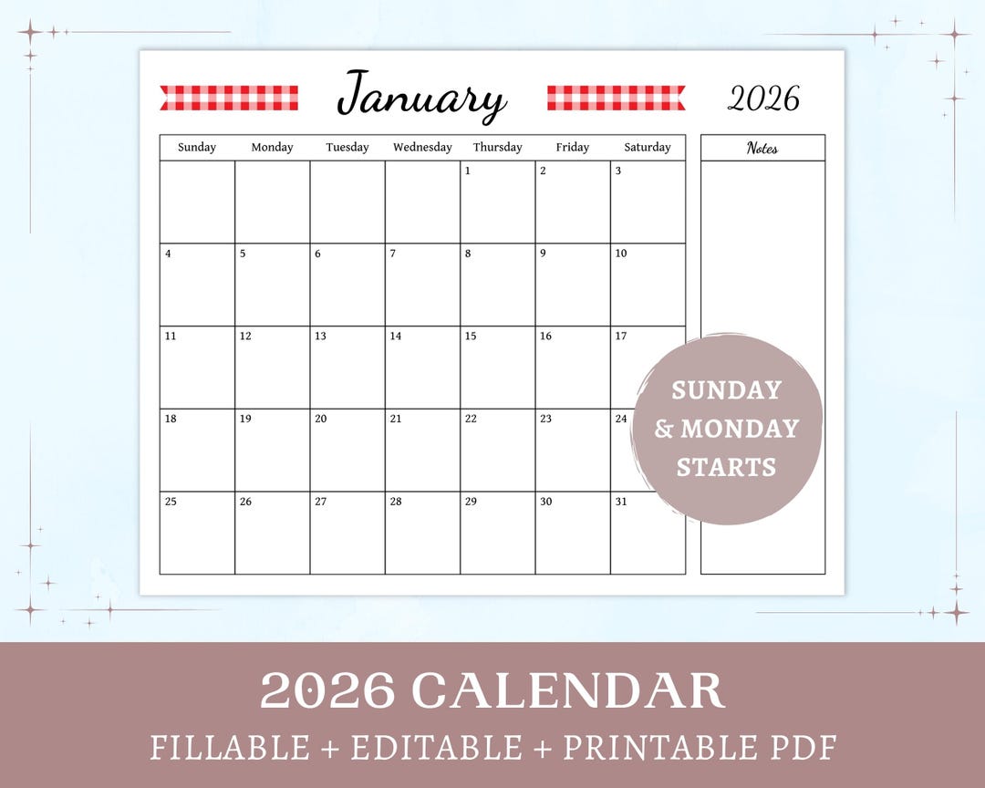 2026 Printable Calendar With Retro Red Gingham Design | Editable ...
