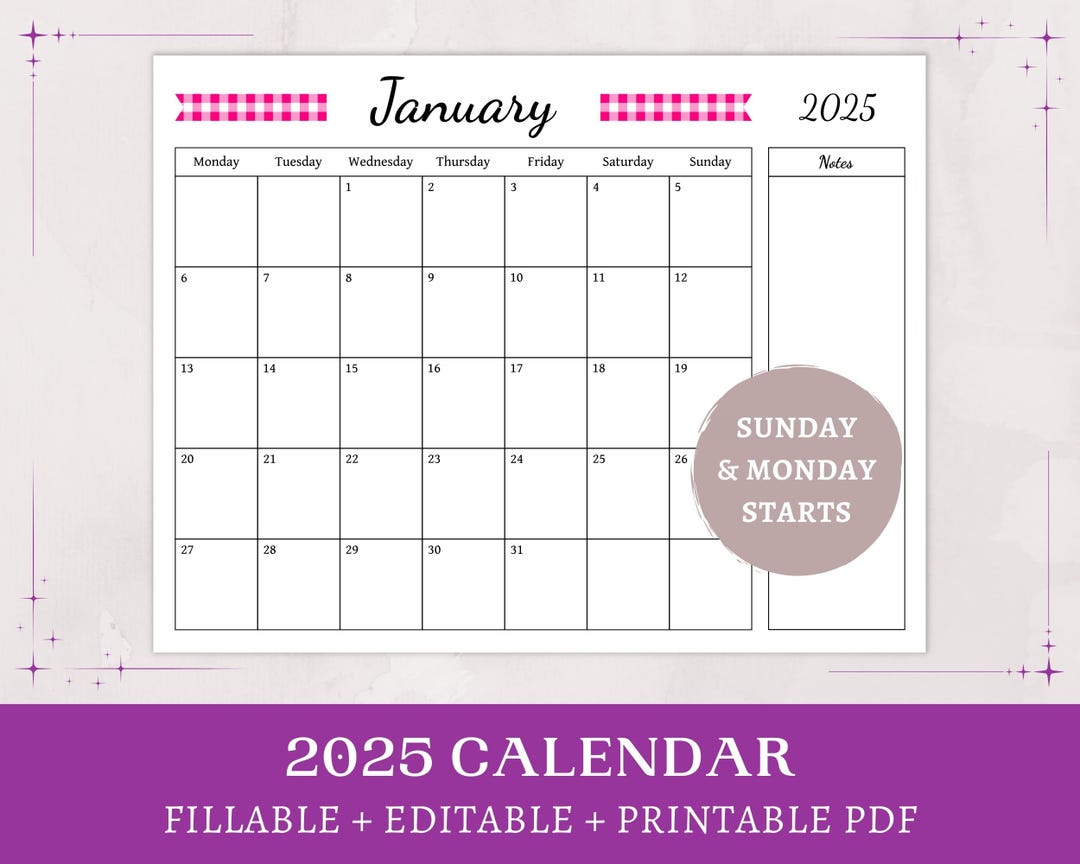 Pink Gingham 2025 Printable Calendar Editable Office Calendar Monthly ...