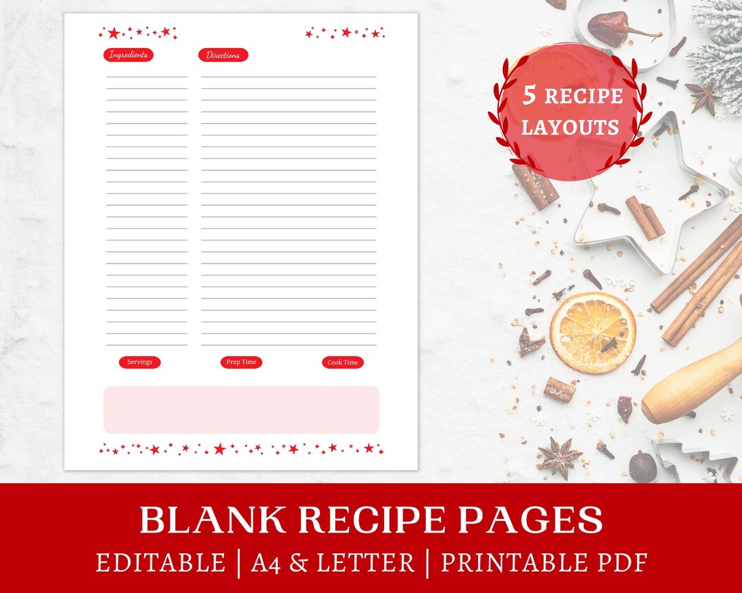 Editable Recipe Pages Letter A4 Holiday Cooking Star - Etsy
