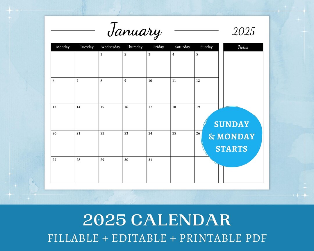 Editable 2025 Calendar Printable Monochrome Office Calendar Fillable ...