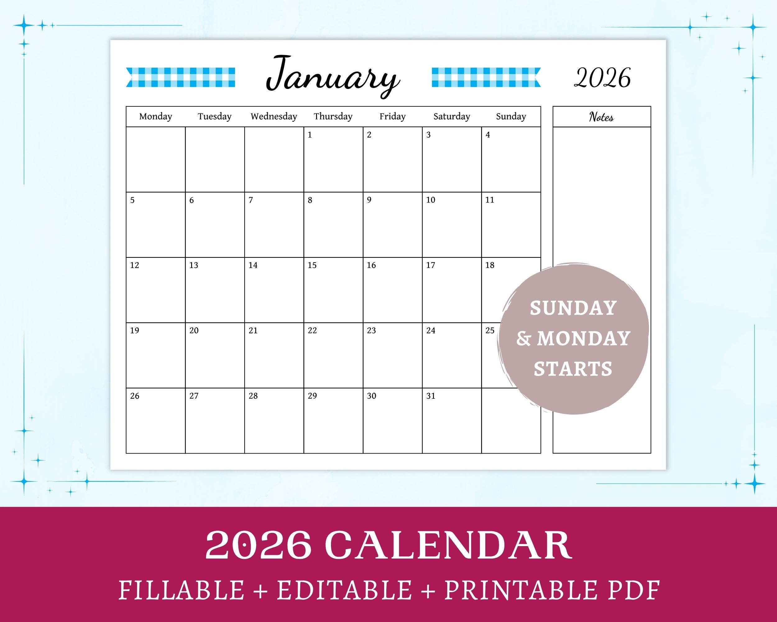 Printable Fillable 2026 Calendar With Notes | Aqua Blue Editable ...