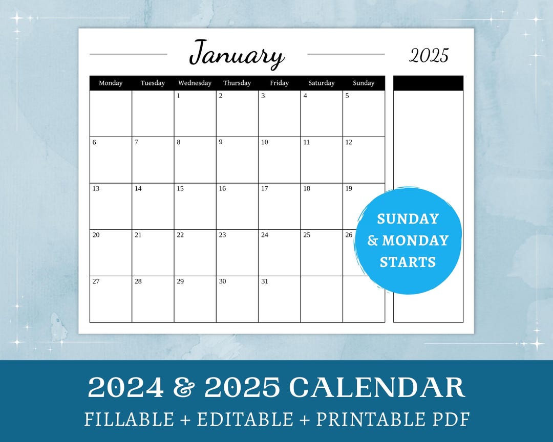 Editable Calendar 2024 2025 Printable Monochrome Office Calendar ...