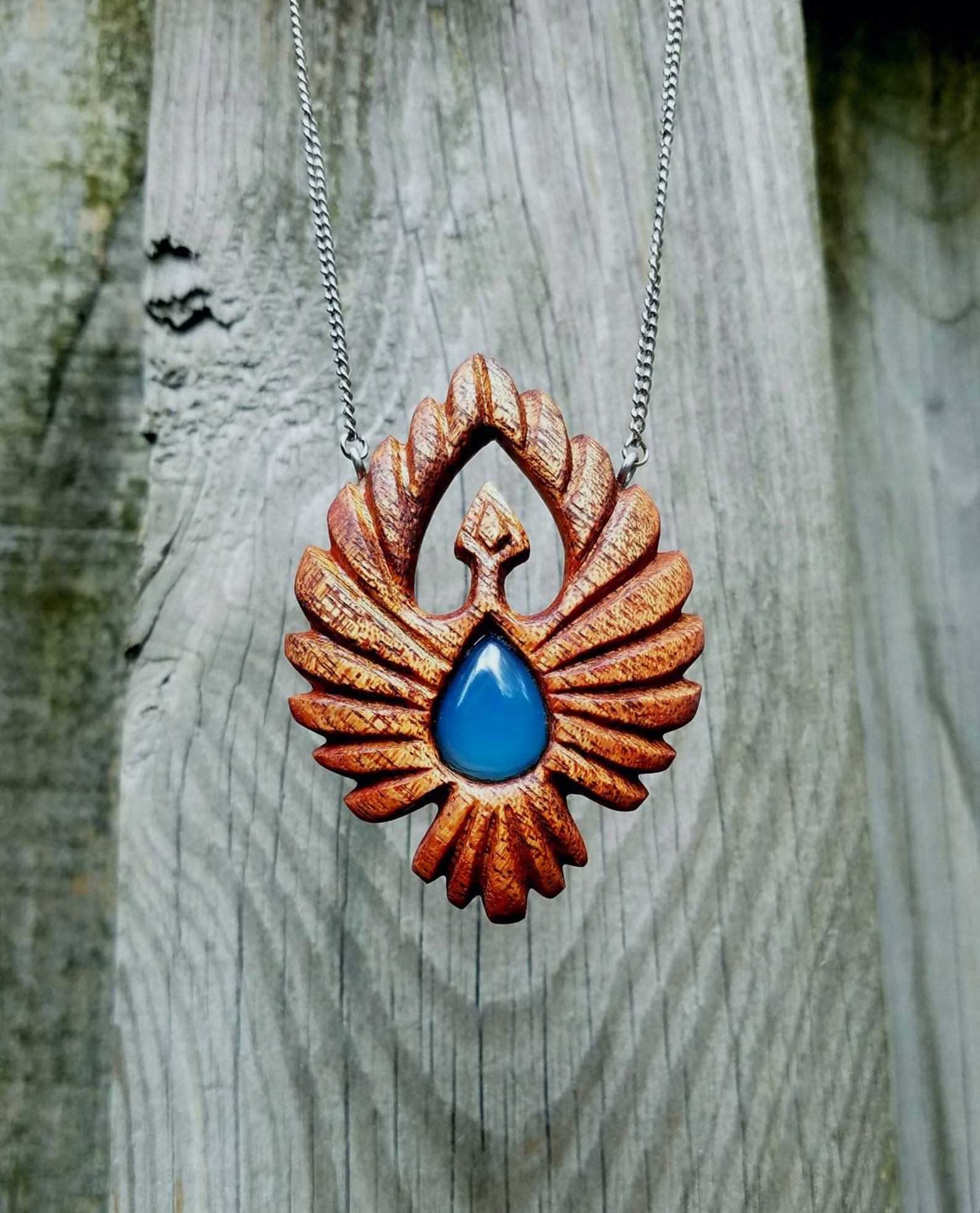 Phoenix Pendant Hand Carved From African Mahogany With Genuine ...