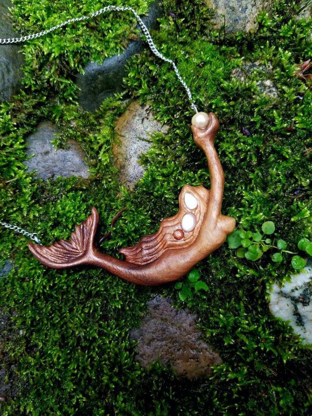 Mermaid Pendant Hand Carved From Black Walnut With Opal, Pearl ...