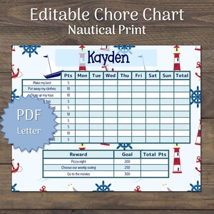 Editable Children's Chore Responsibility Chart || Nautical Ocean ...