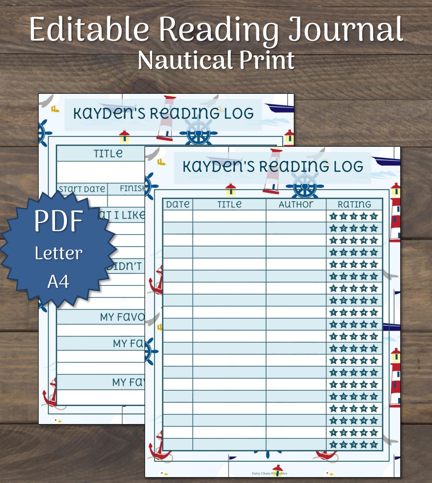 Editable Children's Reading Book Log Chart || Nautical Boat Printable ...