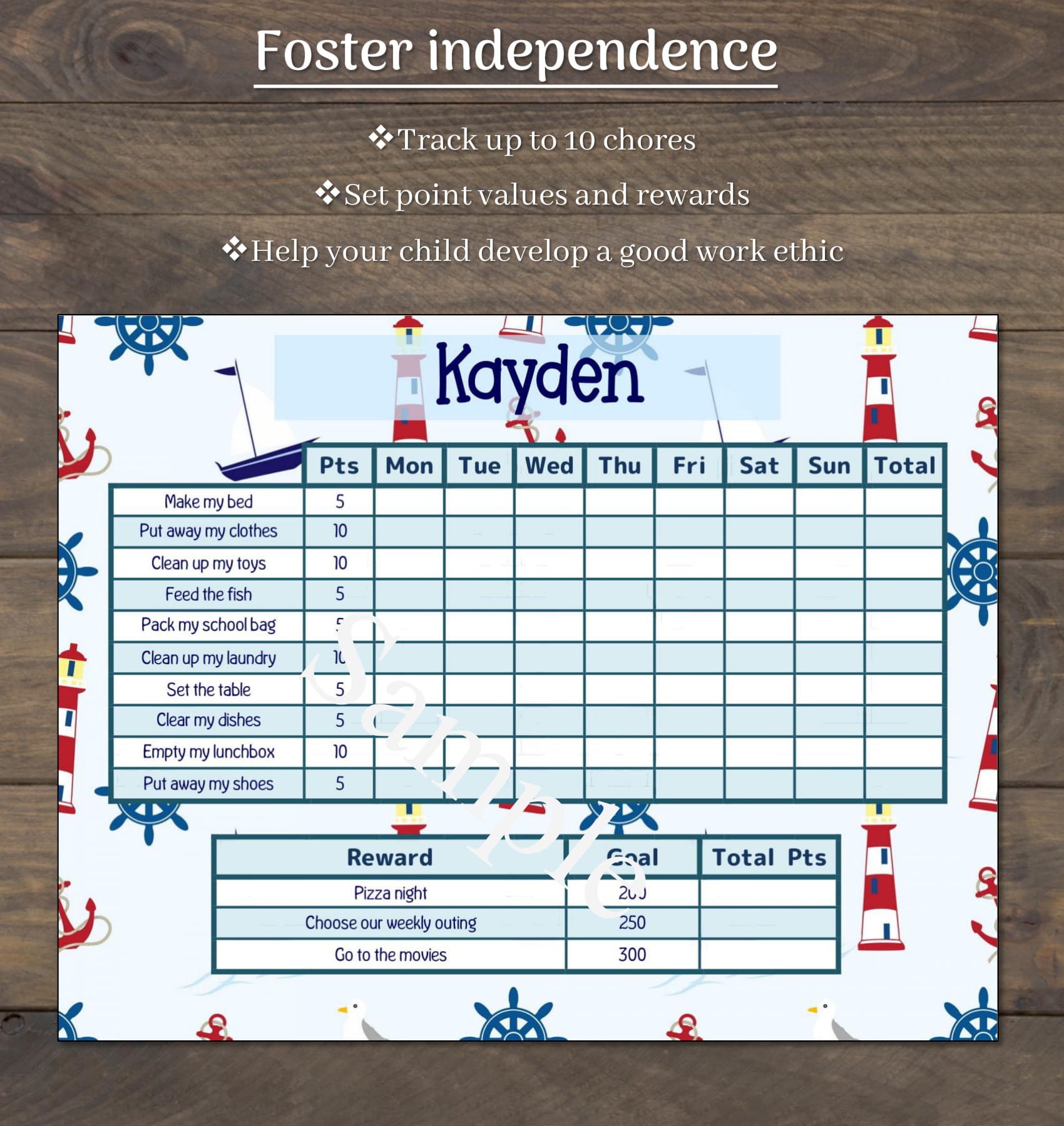 Editable Children's Chore Responsibility Chart Nautical Ocean Printable ...