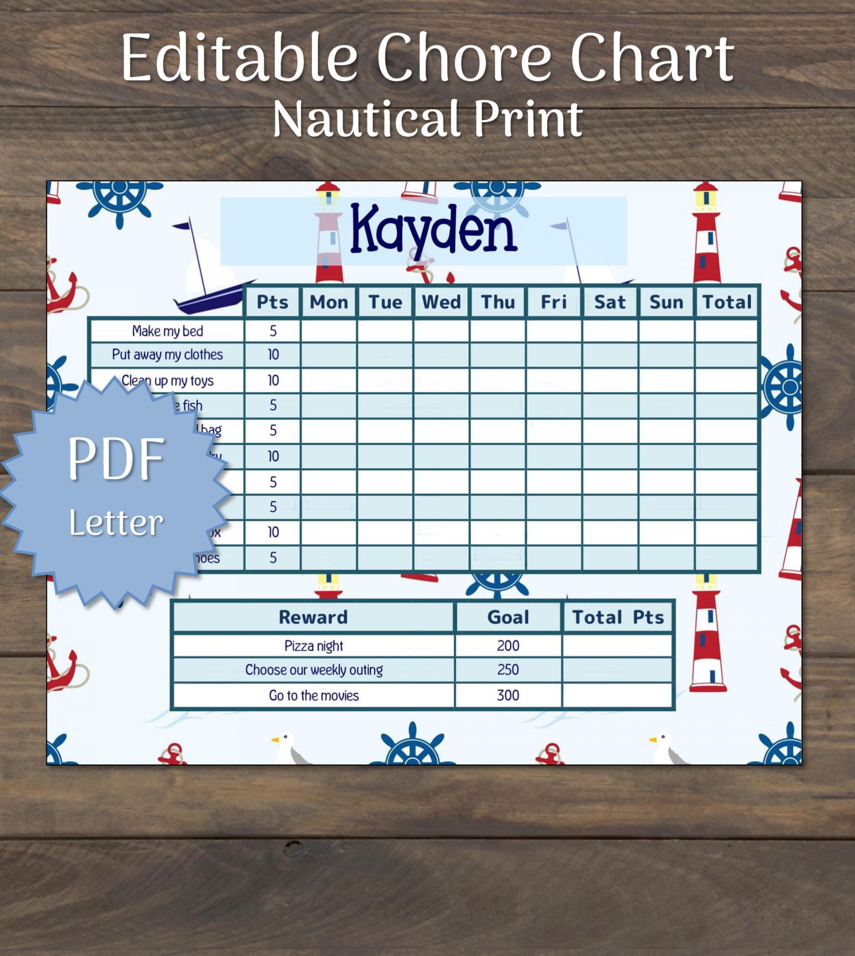 Editable Children's Chore Responsibility Chart Nautical Ocean Printable ...