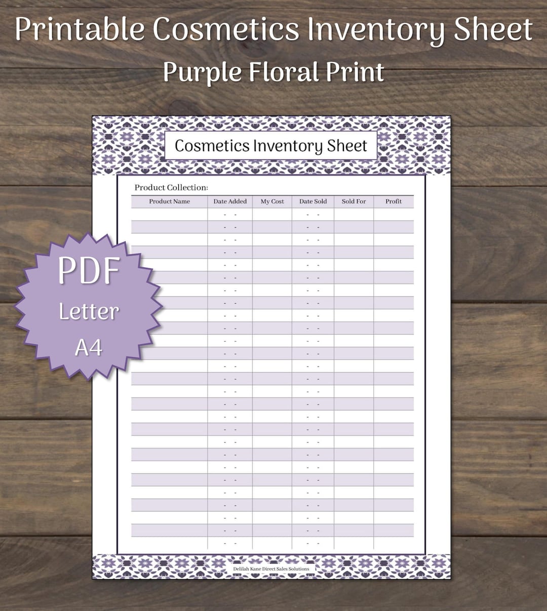 Printable Cosmetics Inventory Sheets Purple Floral Direct Sales Small ...