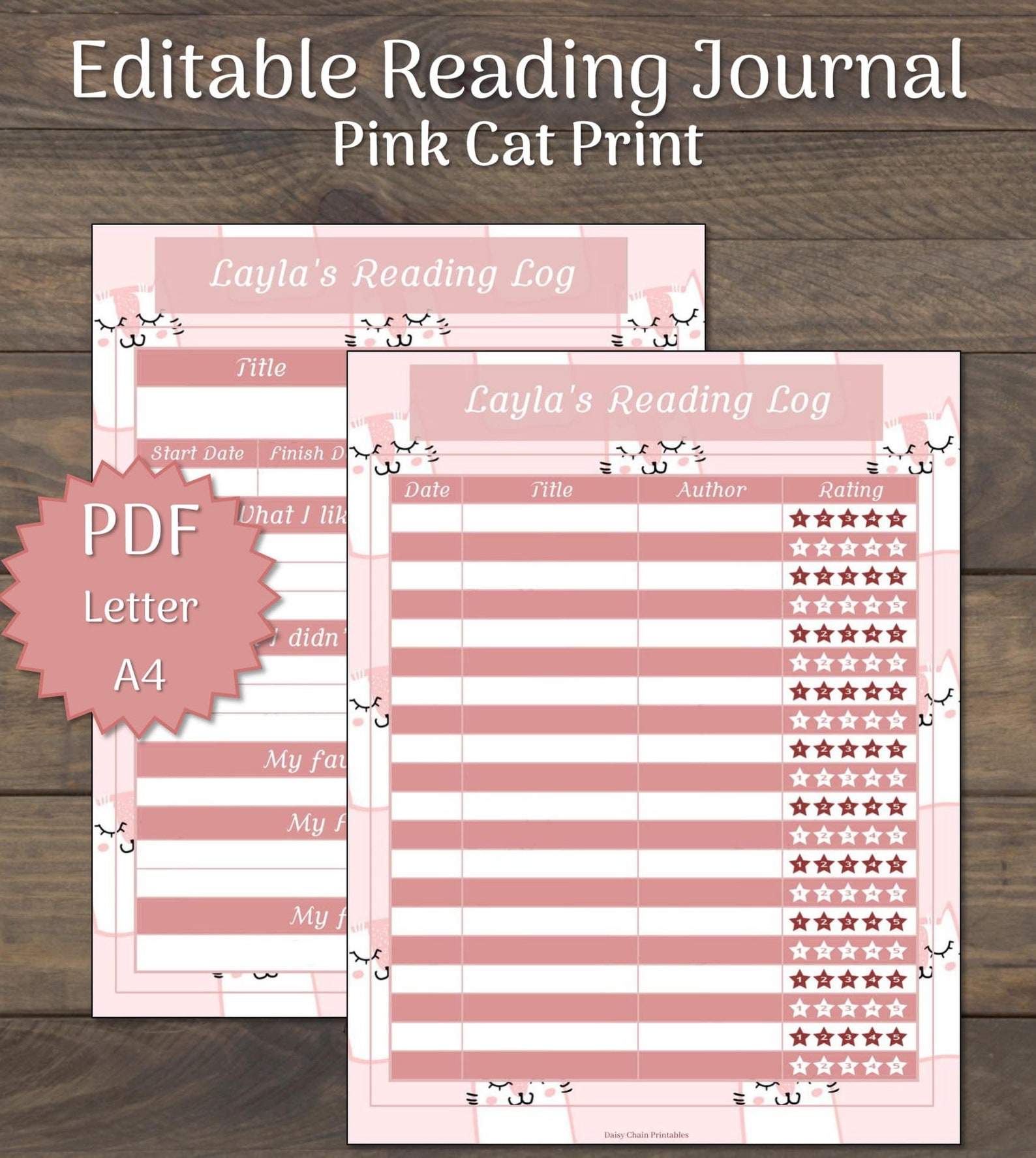 Editable Children's Reading Book Log Chart Cat Kitten Pretty Printable ...