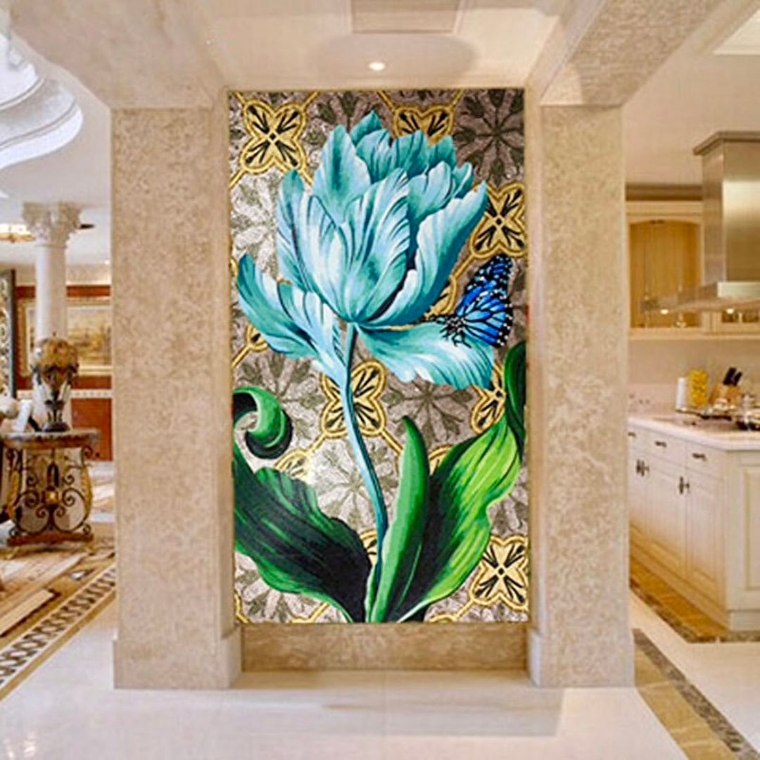 Blue, Gold and Blue Flowers Garden - Naturally Blue Mural - Glass Tile ...