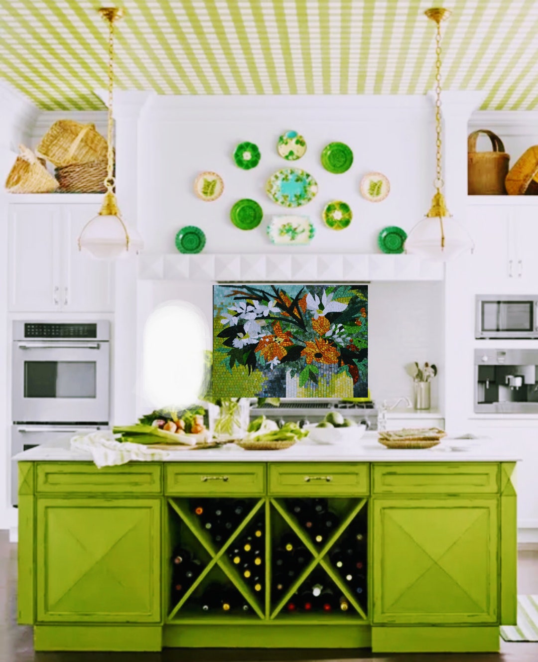 Kitchen Mosaic Rosa - Green Lime Gold Abstract Mural- Glass Tile Mosaic ...