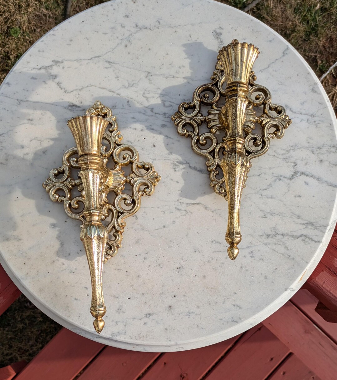 Hollywood Regency Wall Sconce Set; Ornate Gold Toned Metal Sconce With ...