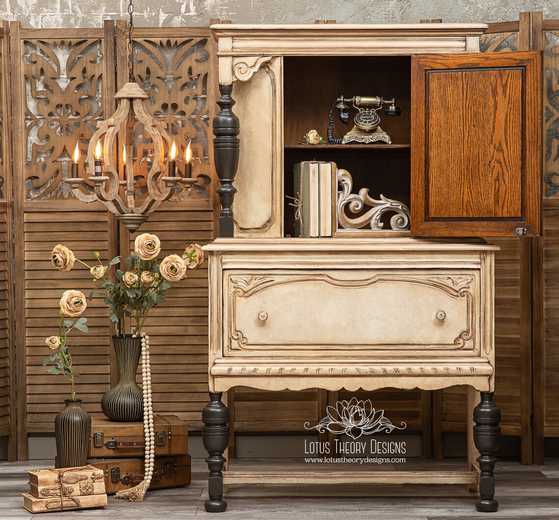 Painted Jacobean Court Cupboard. Vintage Ecru Hutch Cabinet. - Etsy