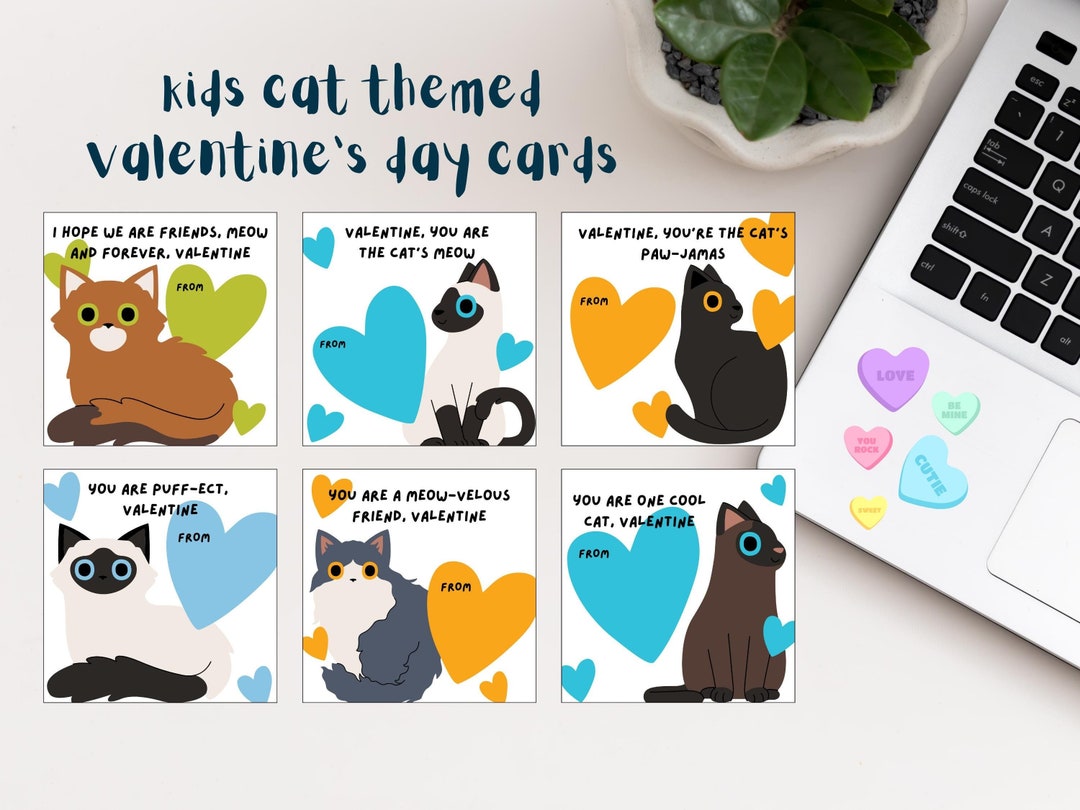 Cat Themed Valentine's Day Cards for Kids / Instant Download PDF / Set ...