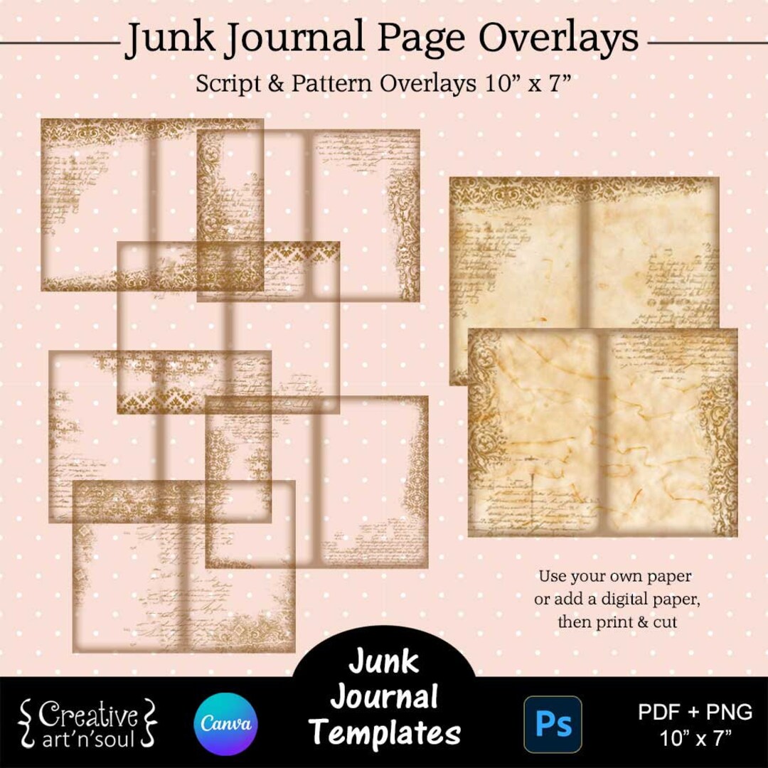 Printable Junk Journal Template, Junk Journal Page Overlays, Script and ...
