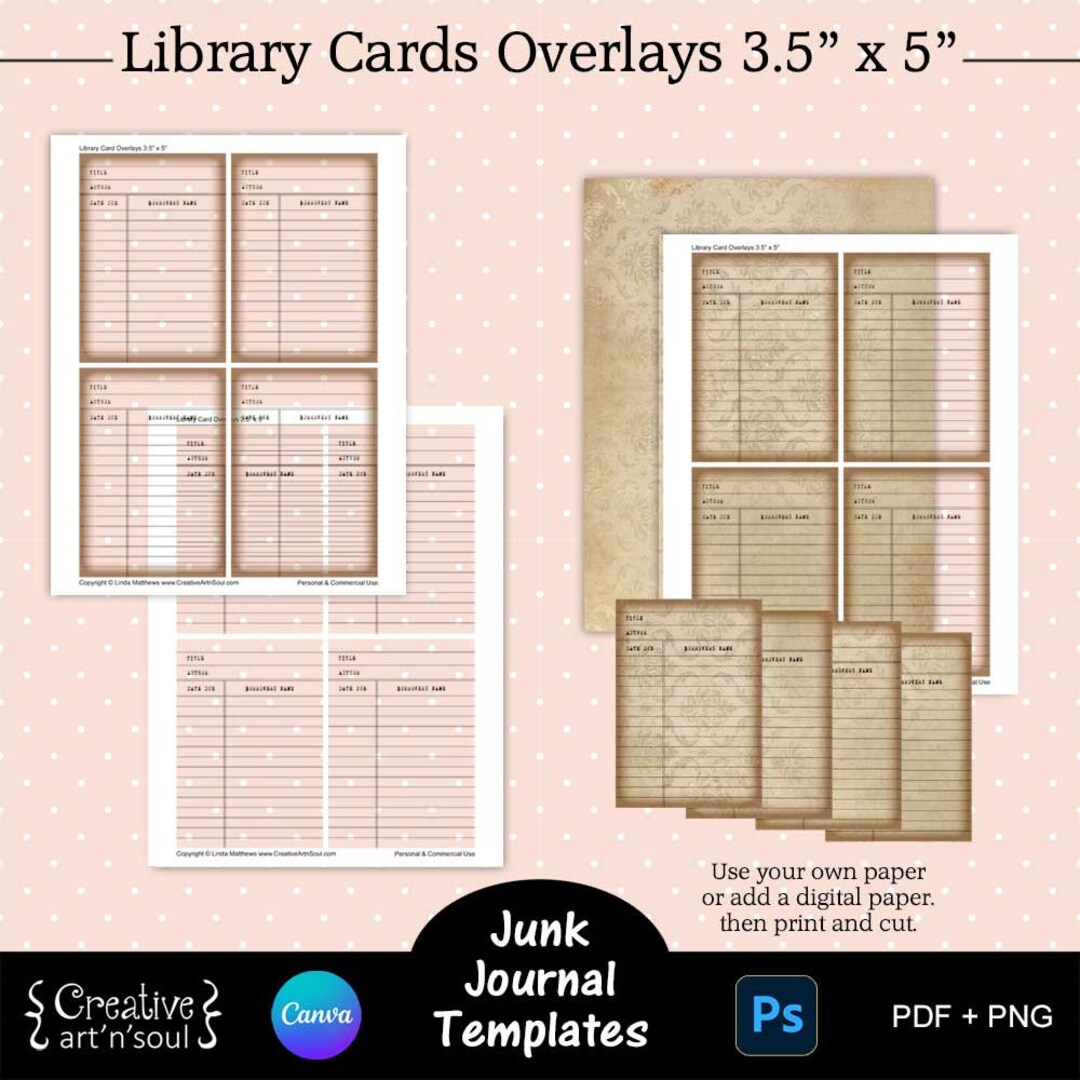 Printable Junk Journal Template, Junk Journal Overlays, Library Cards 3 ...